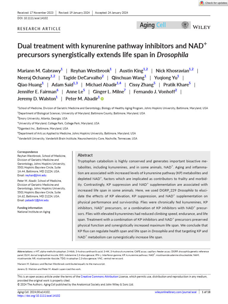 Aging Cell - 2024 - Gabrawy - Dual Treatment With Kynurenine Pathway Inhibitors and NAD ...