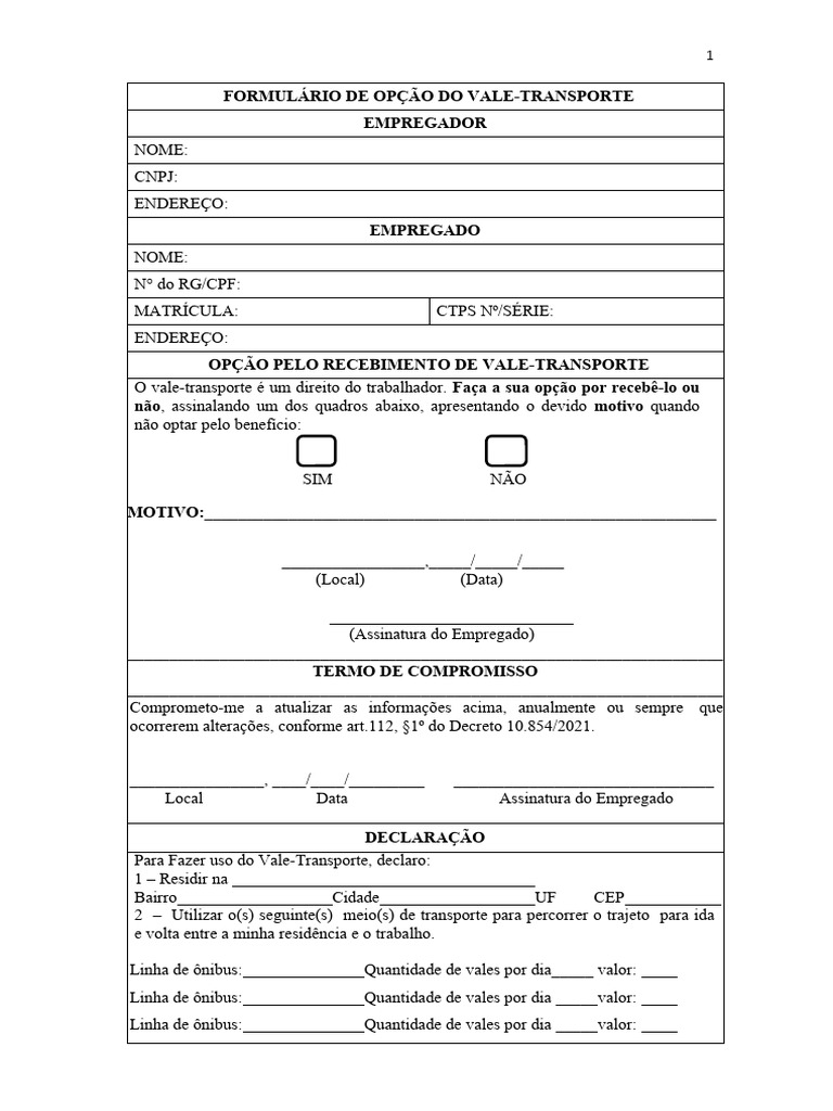 Modelo 10 Formulário de Opção de Vale Transporte v.24.0623-1 | PDF ...