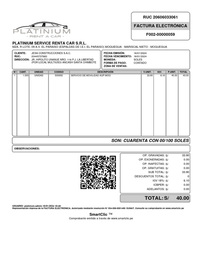 Platinium Service Renta Car S.R.L.: Factura Electrónica | PDF ...