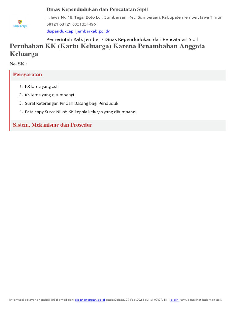 Unduh Standar Pelayanan - Perubahan KK (Kartu Keluarga) Karena Penambahan Anggota Keluarga | PDF