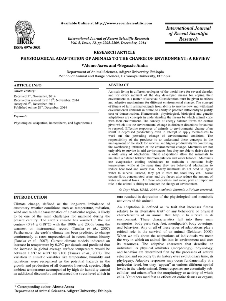 Physiological Adaptation of Animals To T | PDF | Thermoregulation | Zoology