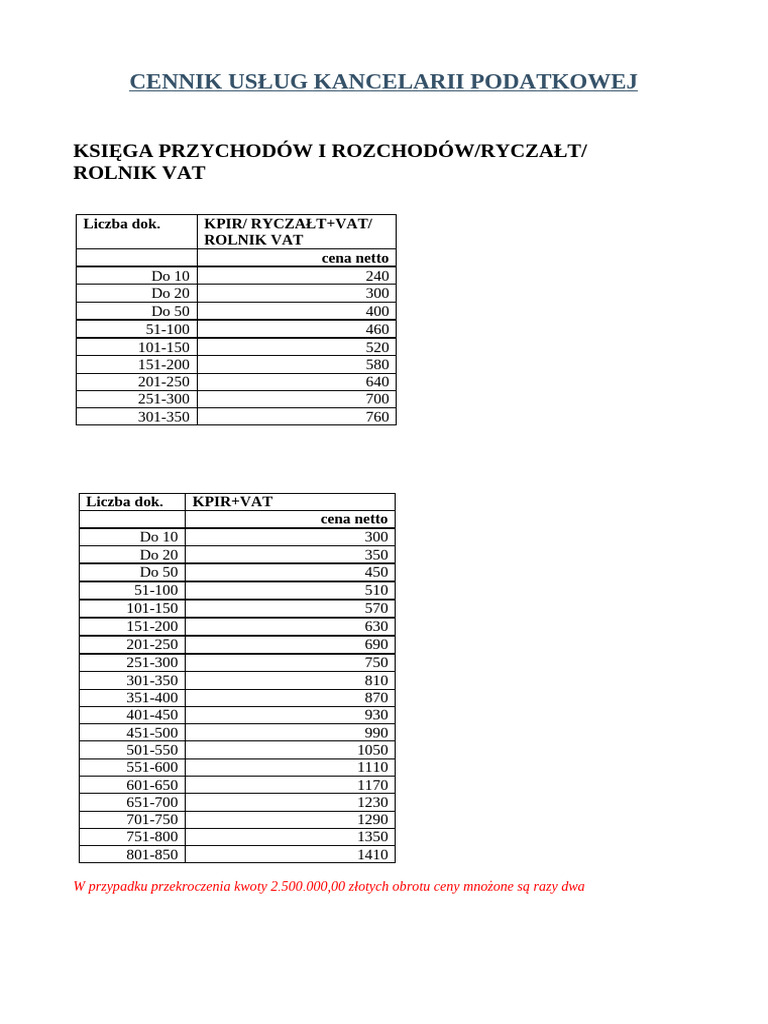 Cennik 2023-Kpir-01-01-2024 | PDF