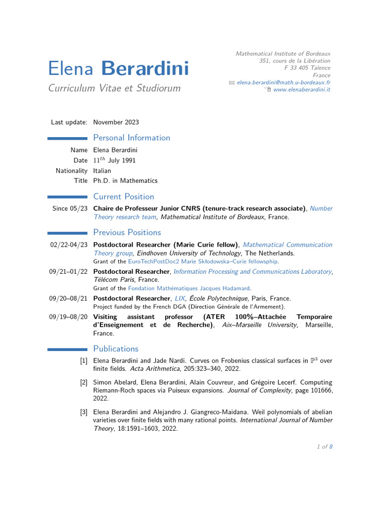 Berardini CV ENG November2023 | PDF | Geometry | Algebraic Geometry
