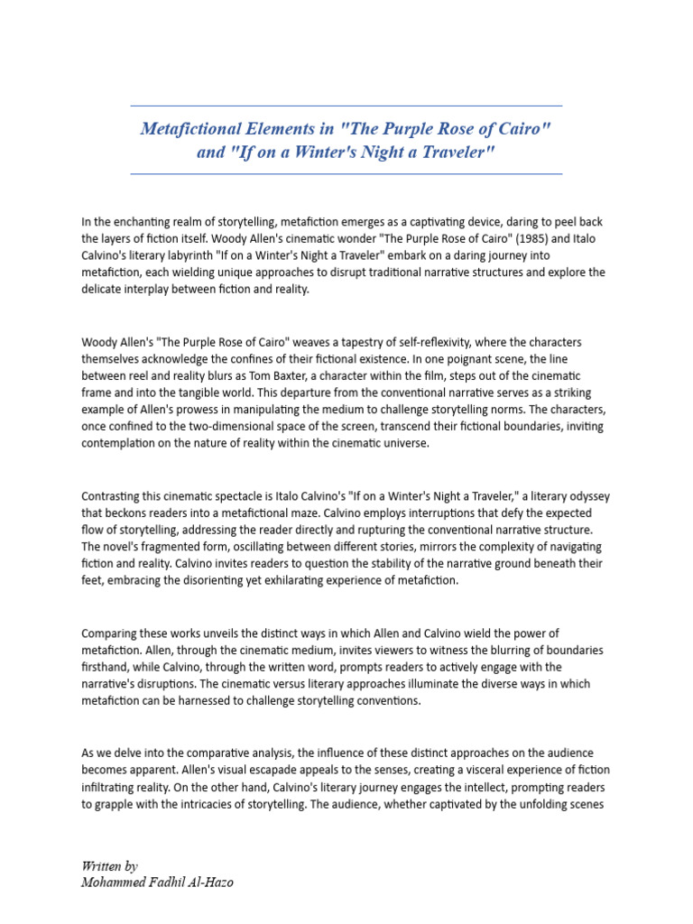 Metafictional Elements in The Purple Rose of Cairo and If On A Winter's ...