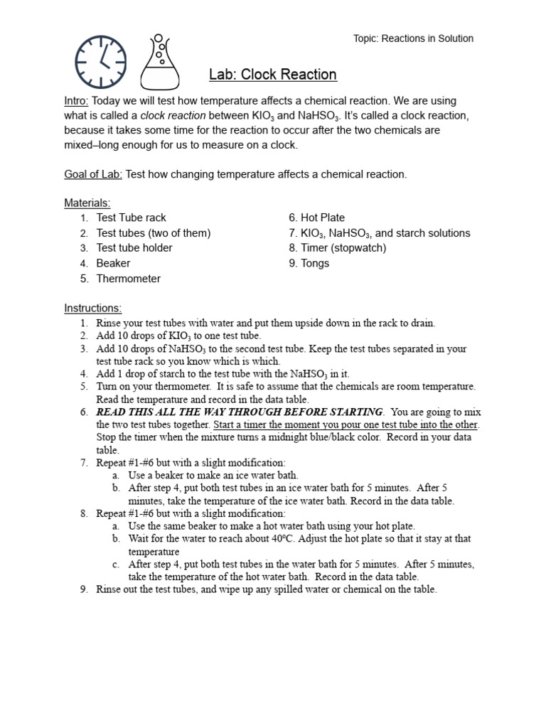 Lab - Clock Reaction | PDF | Water | Chemical Reactions