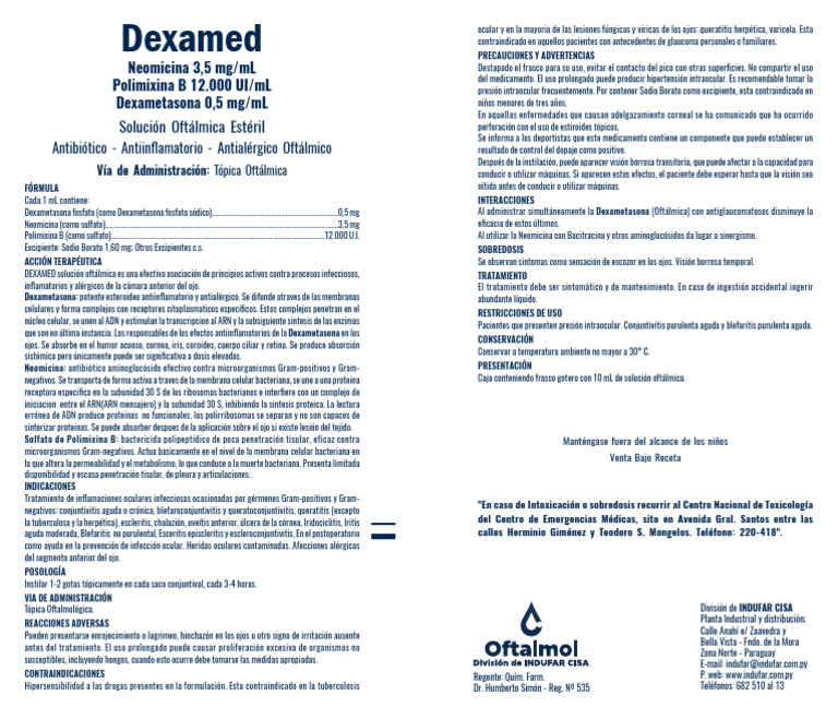 Solución Oftálmica Estéril: Neomicina 3,5 MG/ML Polimixina B 12.000 UI/mL Dexametasona 0,5 MG/ML ...