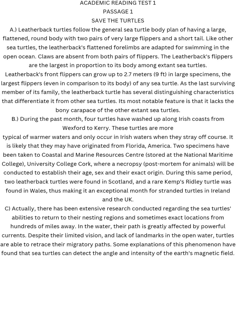ACADEMIC READING TEST 1 PASSAGE 1 SAVE THE TURTLES A.) Leatherback ...