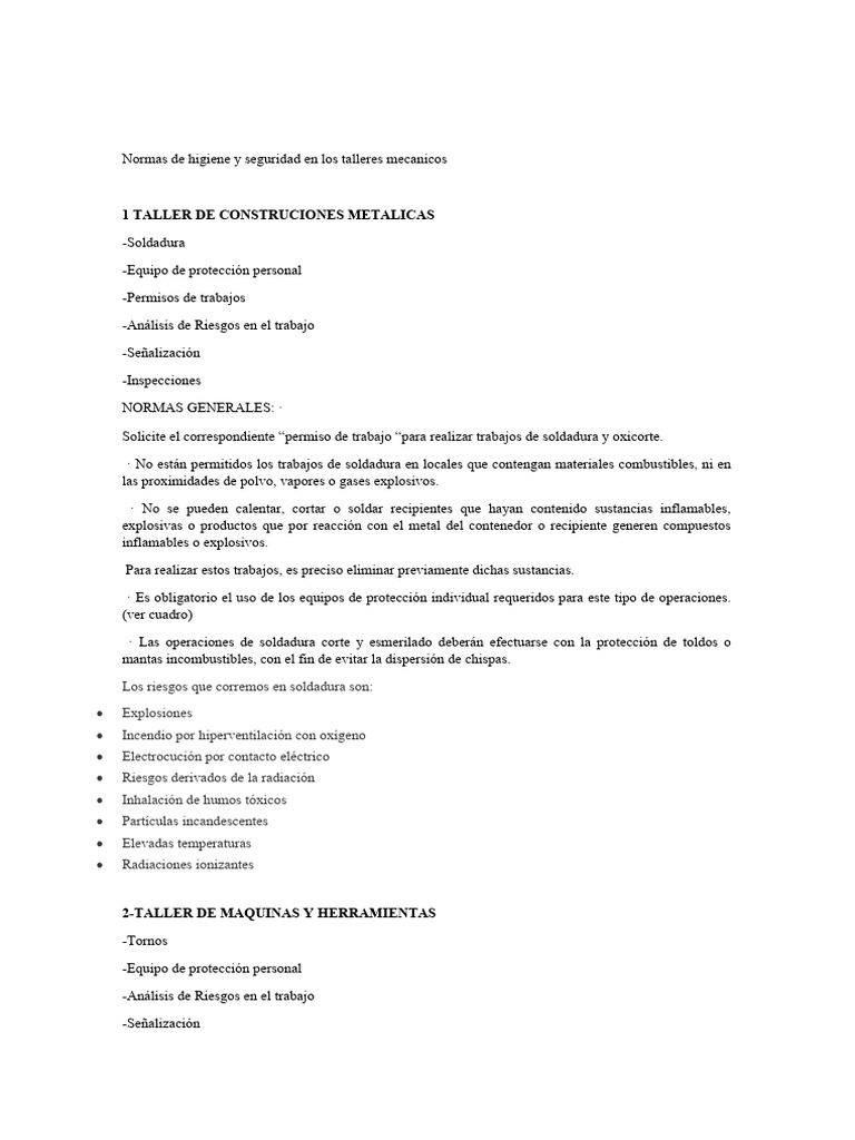 Normas de Higiene y Seguridad en Los Talleres Mecanicos | PDF ...