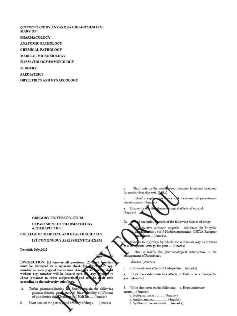 Question Bank by Ivy Anyakora | PDF | Pharmacology | Myocardial Infarction