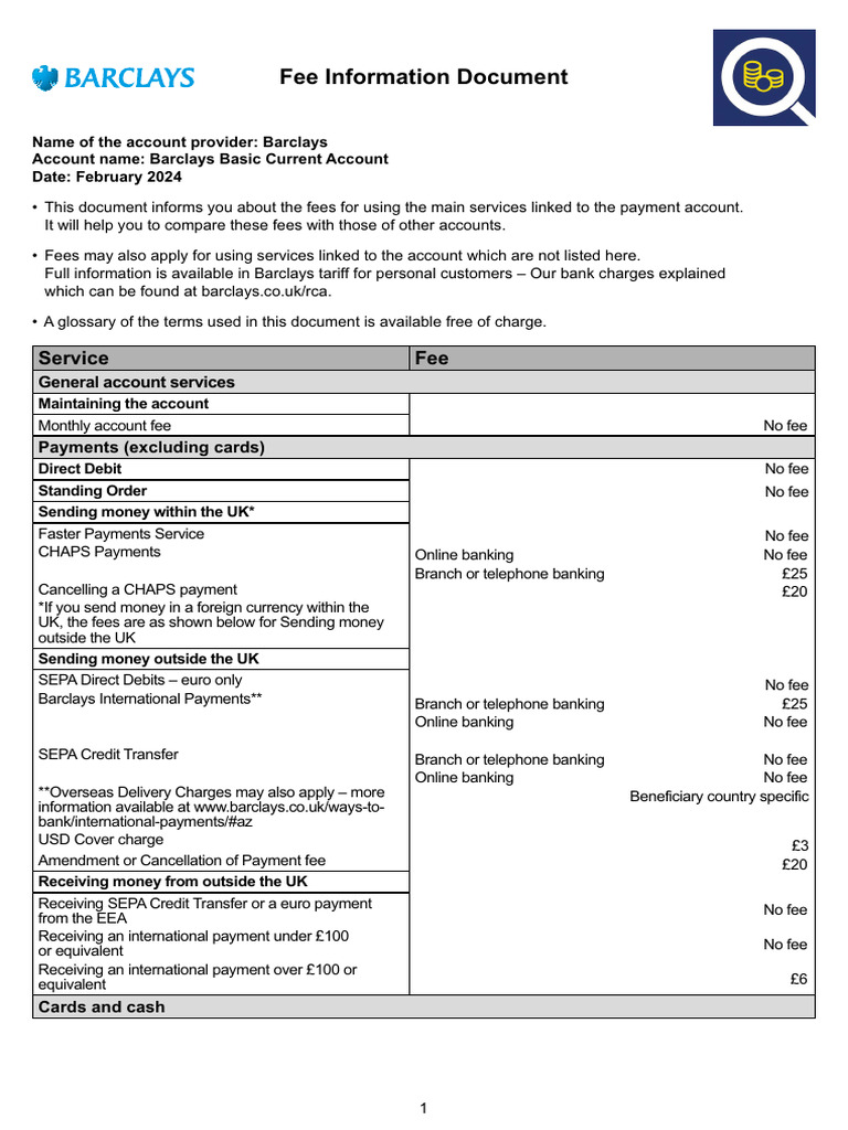 FeeInformation-BarclaysBasicAccount | PDF | Transaction Account | Overdraft