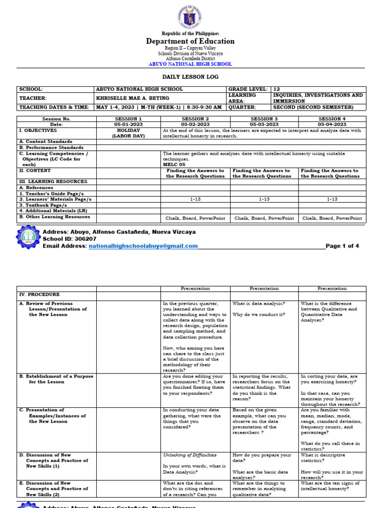 Inquiries Wk1 Daily Lesson Log Template 2023 SHS | PDF | Methodology ...