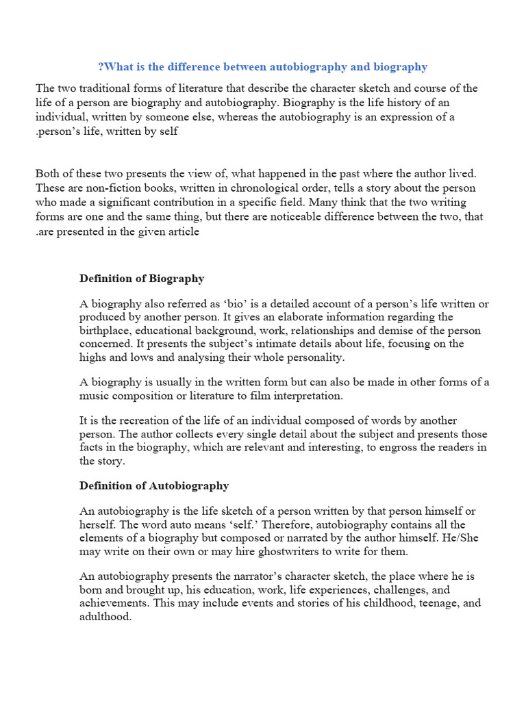 What Is The Difference Between Autobiography and Biography | PDF ...