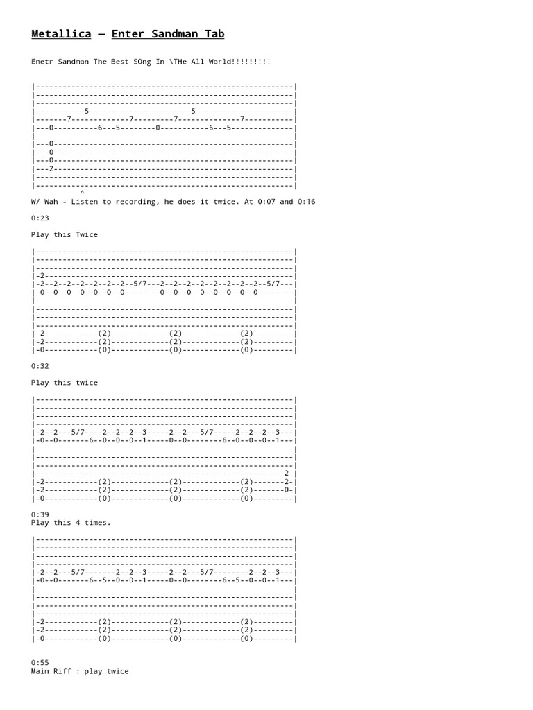 Enter Sandman Guitar Tab Guide | PDF | Sound Recording