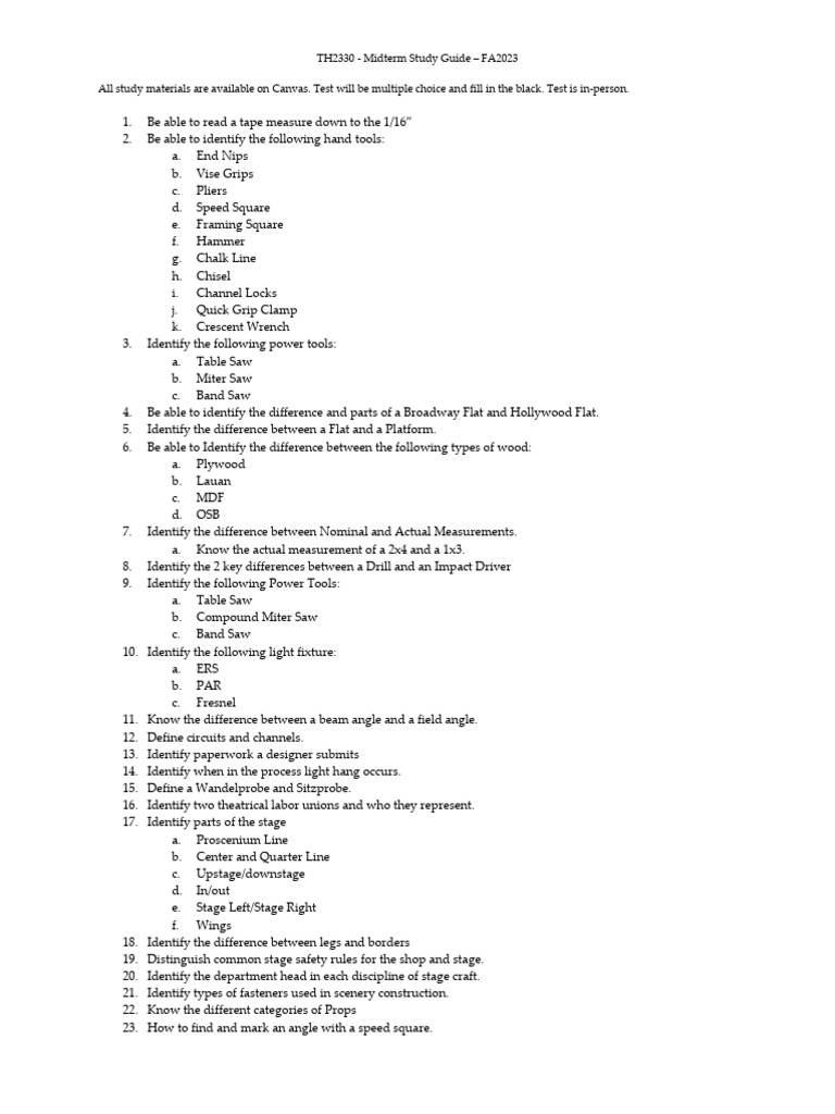 TH2330 - Midterm Study Guide FA23 | PDF | Tools