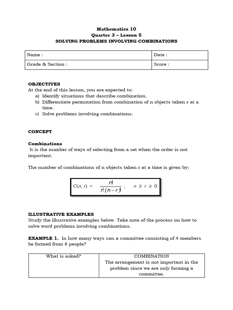 MATH G10 Q3 LESSON 5 Solving Problems Involving Combinations Sarilla ...