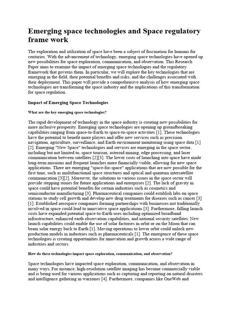 Emerging Space Technologies and Space Regulatory Frame Work | PDF | Space Debris | Space Exploration