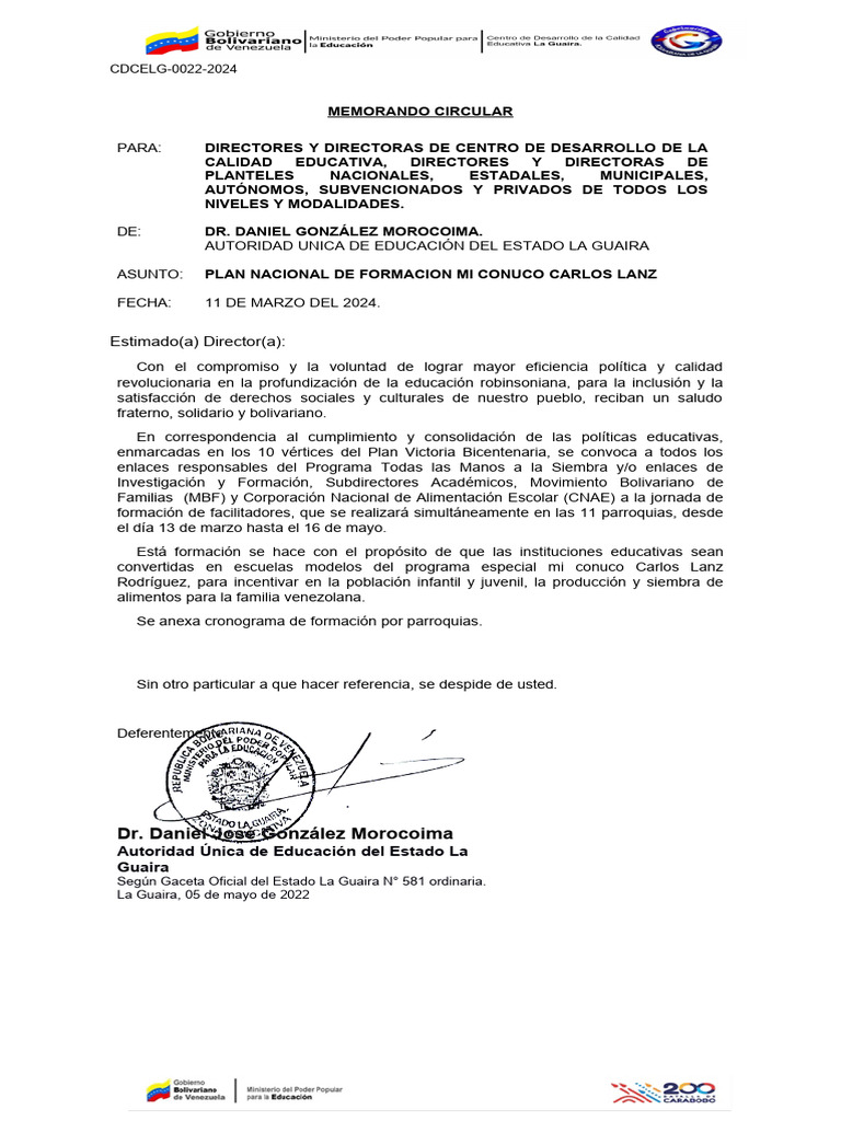 Memo Cdcelg-0022-2024 - Formacion Mi Conuco Carlos Lanz | PDF