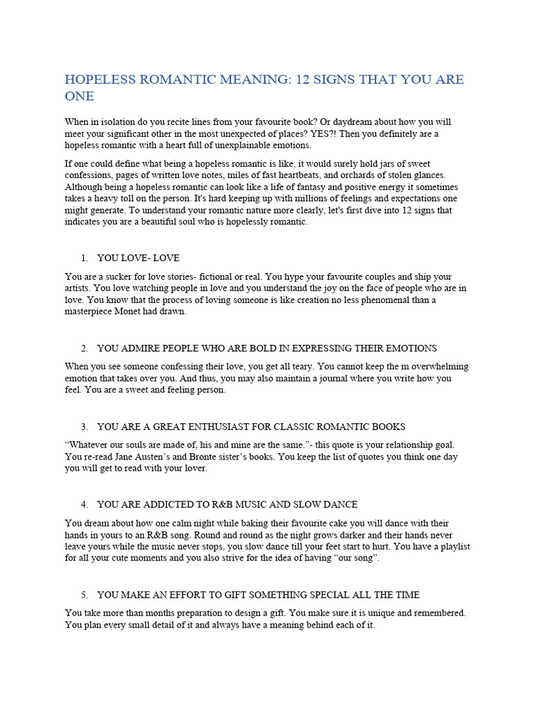 Hopeless Romantic Meaning | PDF | Love