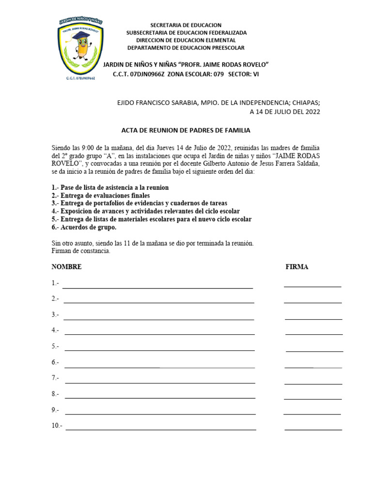 Acta Reunion de Padres de Famila Julio | PDF