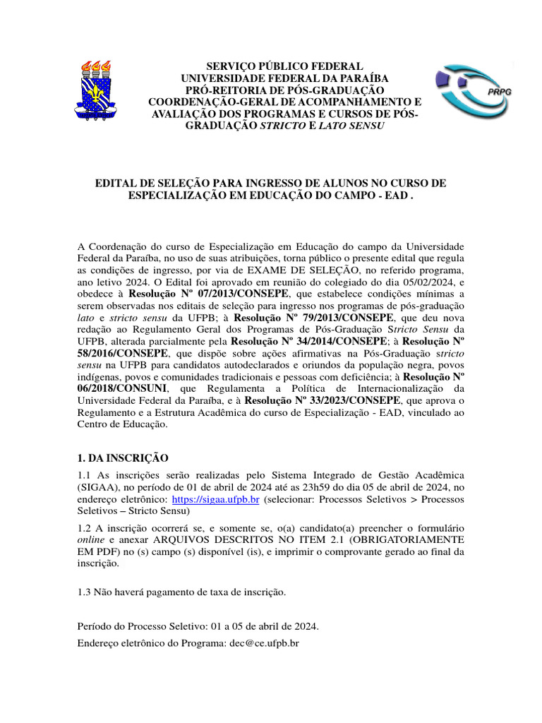 Edital Seleo de Alunos 2024.doc Enviar | PDF | Pós-graduação | Academia
