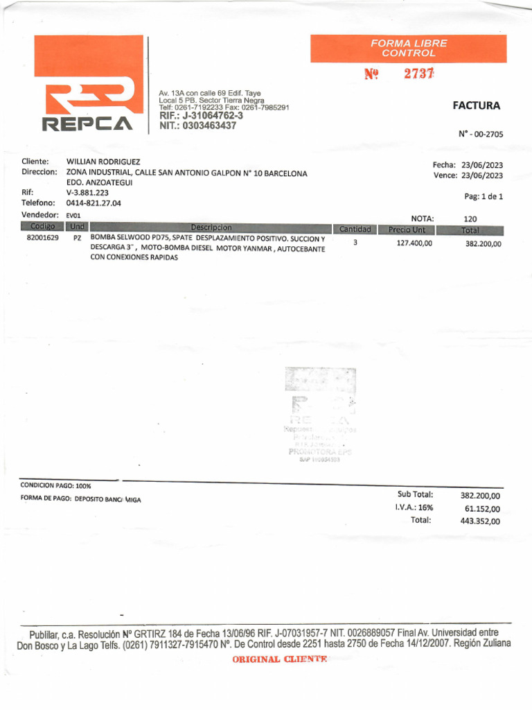 Bombas PD75 Factura 2023 | PDF
