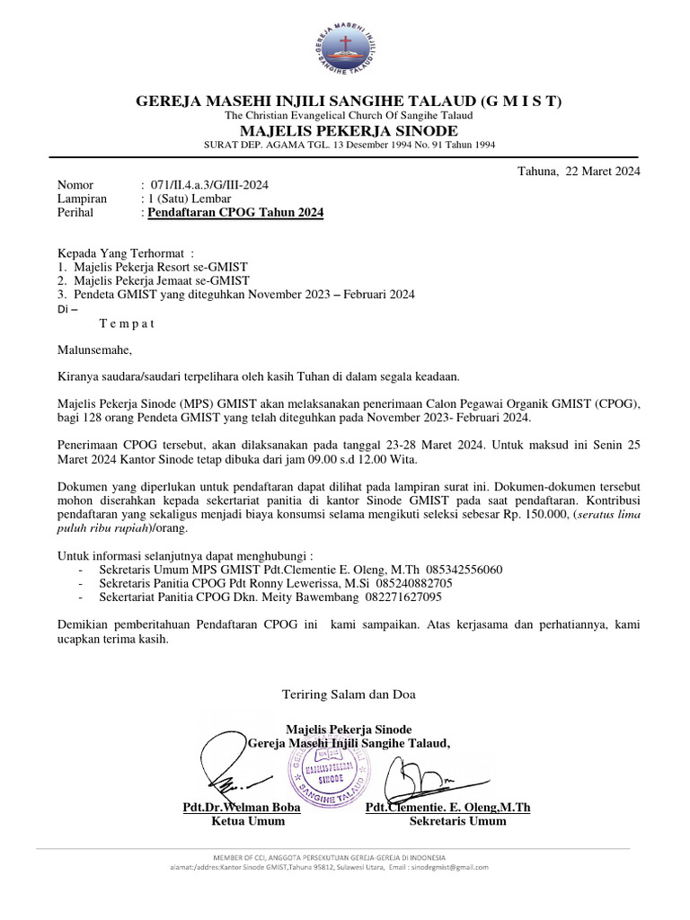 Surat Pendaftaran Cpog 2024 Fix | PDF