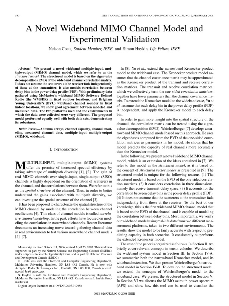 A Novel Wideband MIMO Channel Model and Experimental Validation | PDF | Tensor | Matrix ...