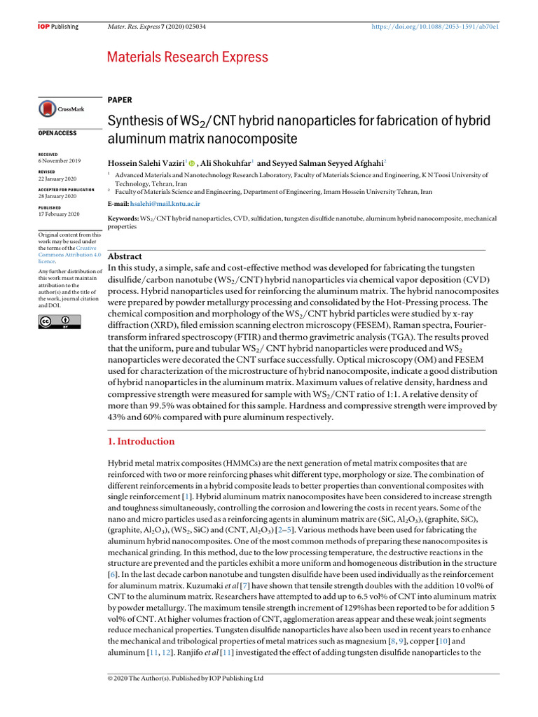 WS2/CNT Hybrid Nanoparticles in Aluminum | PDF | Nanocomposite | Carbon ...