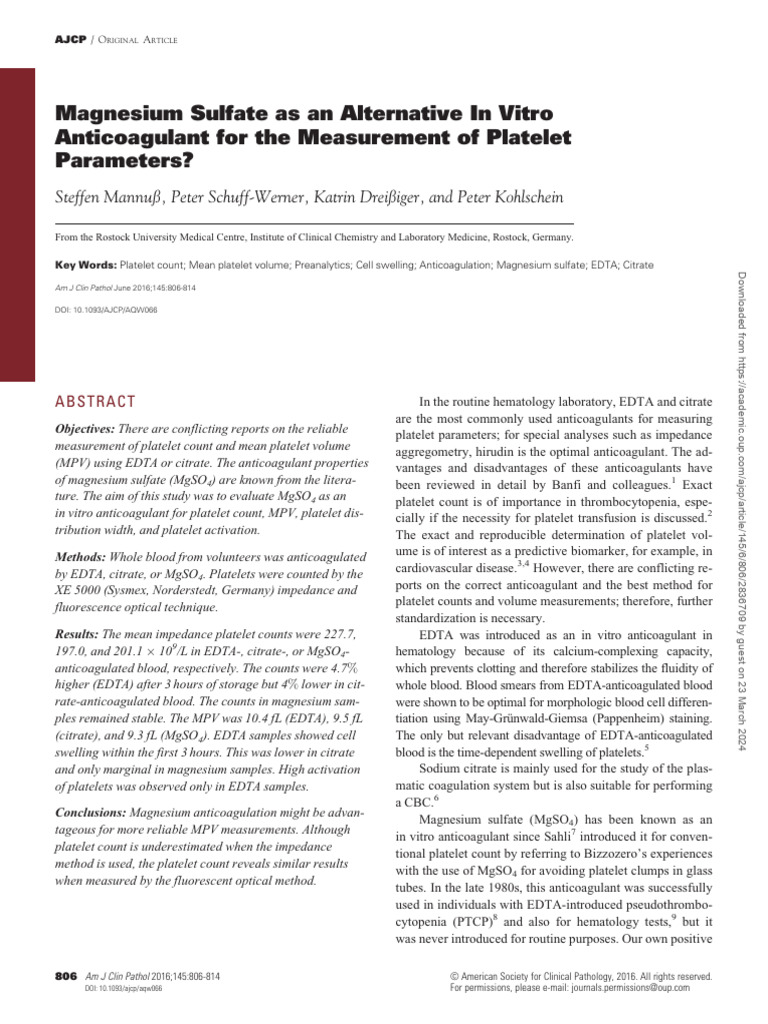 Magnesium Sulfate As An Alternative in Vitro | PDF | Platelet | Vertebrates