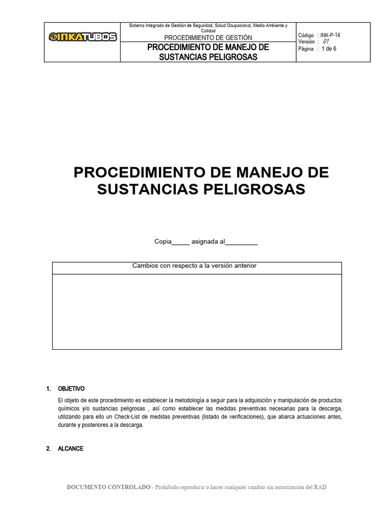 Procedimiento de Manejo de Sustancias Peligrosas. | Descargar gratis PDF | Seguridad y salud ...
