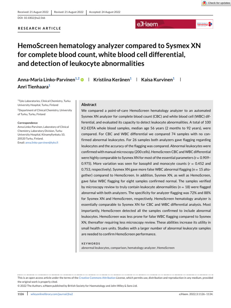 eJHaem - 2022 - Linko Parvinen - HemoScreen Hematology Analyzer Compared To Sysmex XN For ...