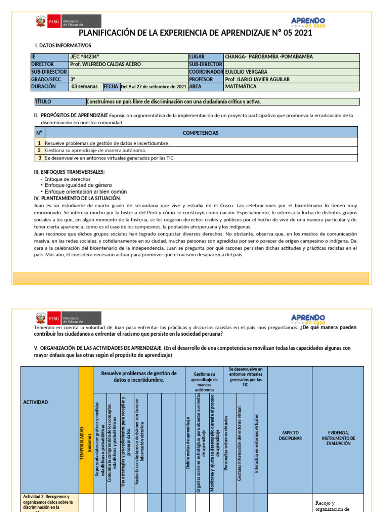 Planificador Experiencia de Aprendizaje 5 - 3º - 2021 - Ilario-Agosto | PDF | Evaluación ...