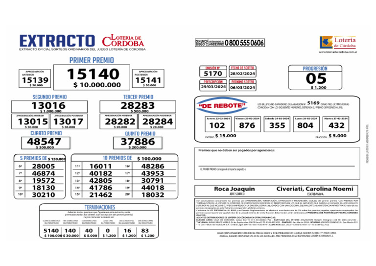 Extracto LOTERIA - Sorteo 5170 | PDF