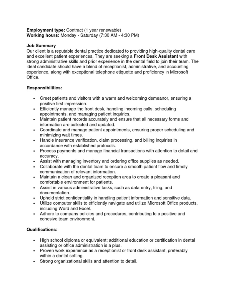 Front Desk Assistant for Dental Practice | PDF