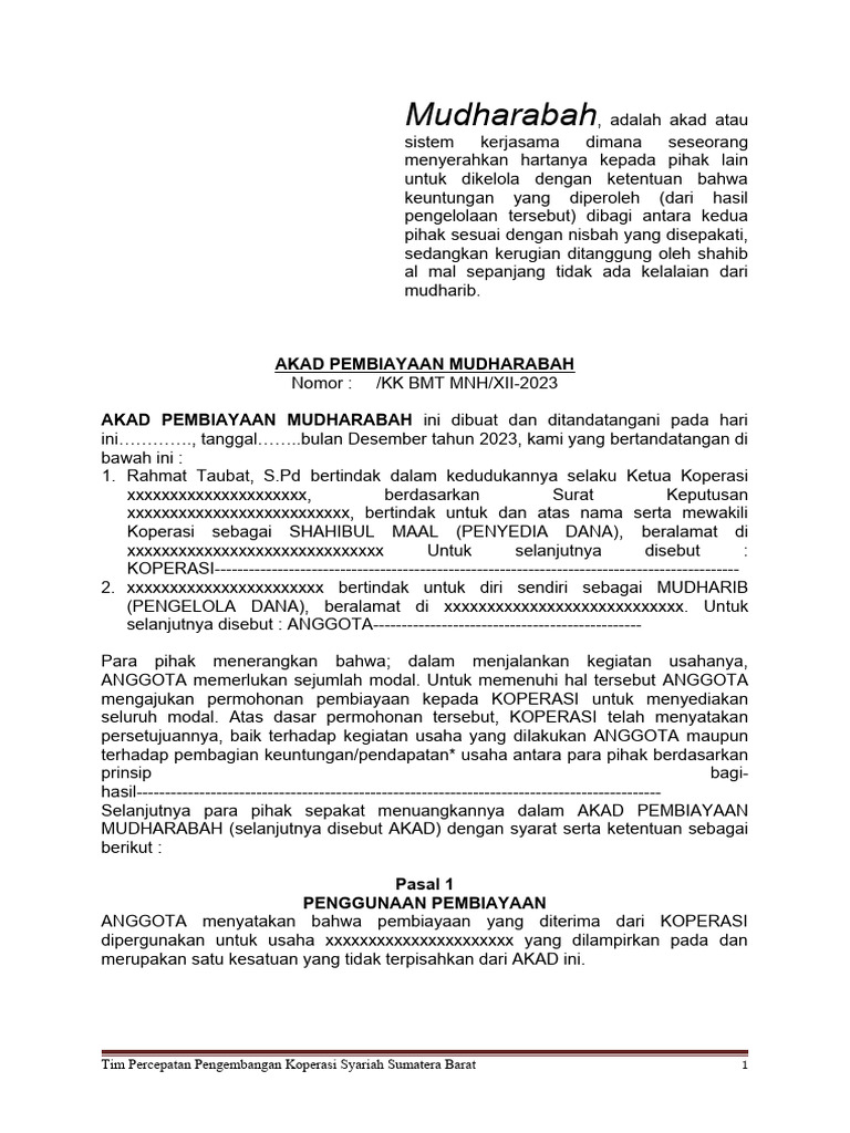 Contoh Akad Pembiayaan Mudharabah | PDF | Bisnis | Hukum