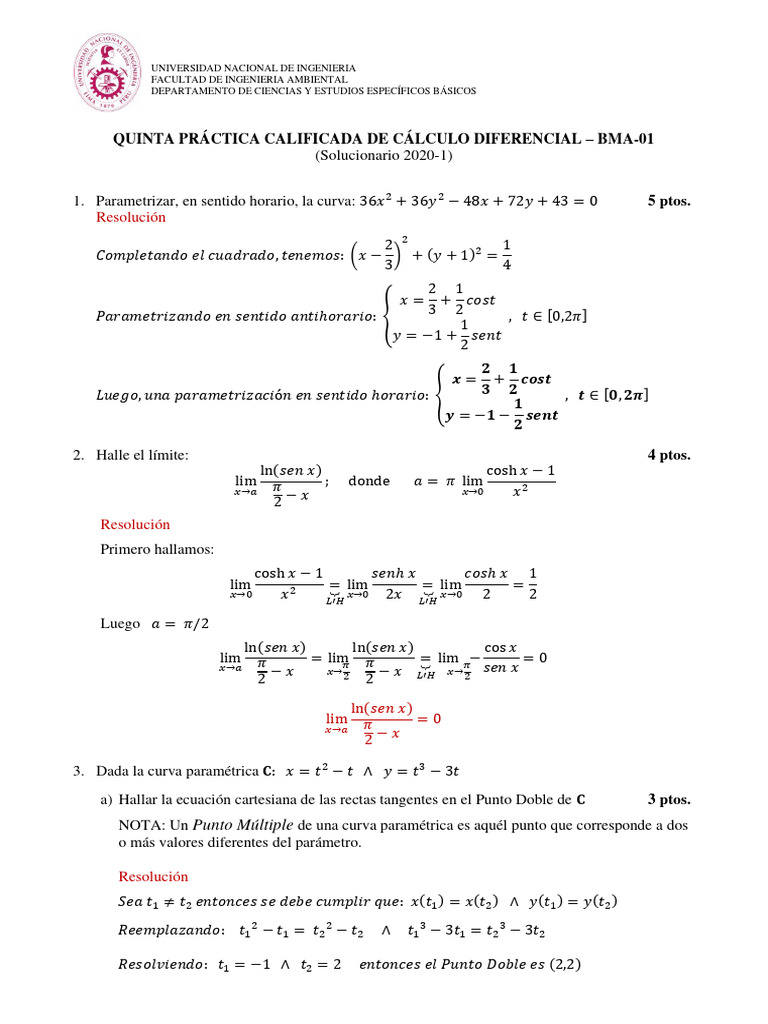 Quinta Práctica Calificada de Cálculo Diferencial - Bma-01: Resolución | PDF | Asíntota | Álgebra