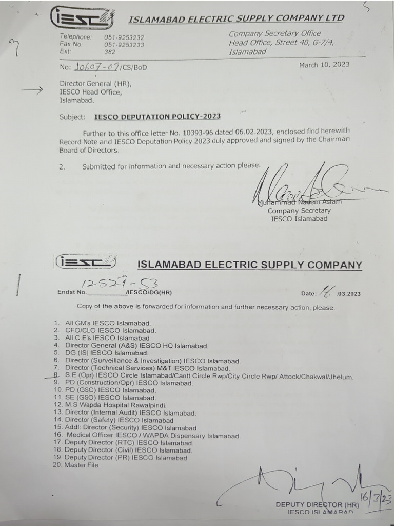 IESCO Deputation Policy | PDF