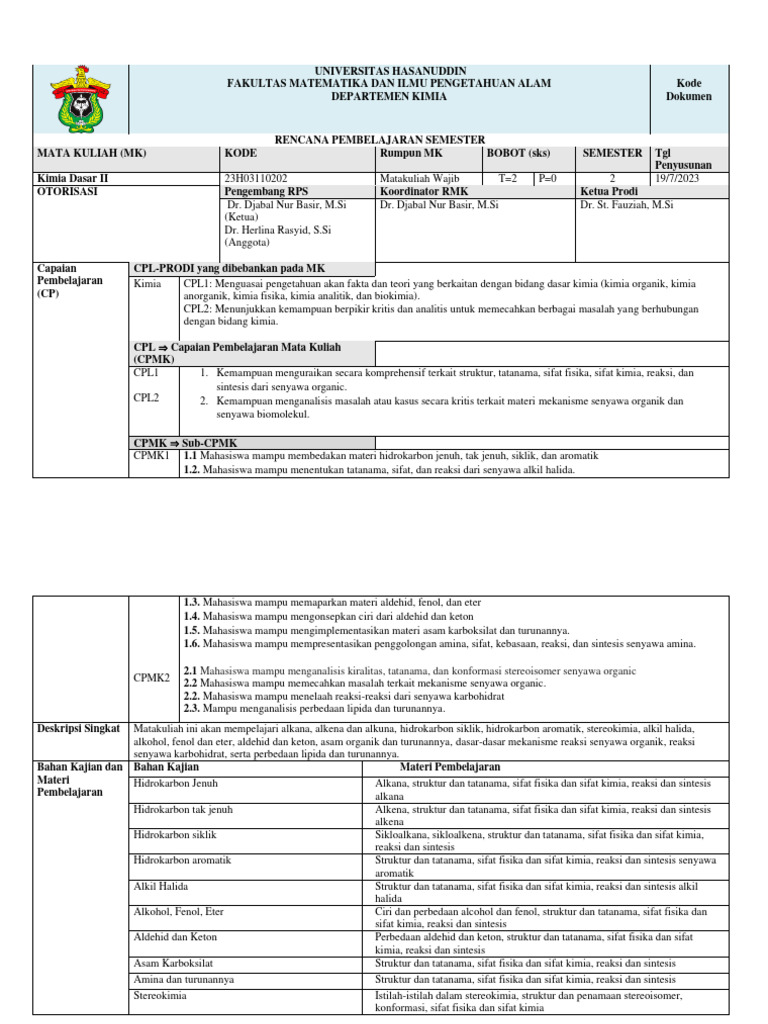 RPS Kimia Dasar II (2 SKS) | PDF