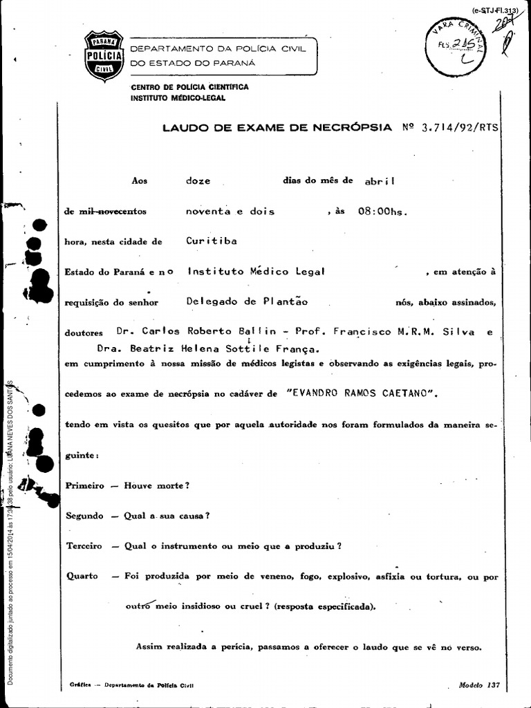 Laudo de Necropsia de Evandro Caetano | PDF | Autópsia | Anatomia