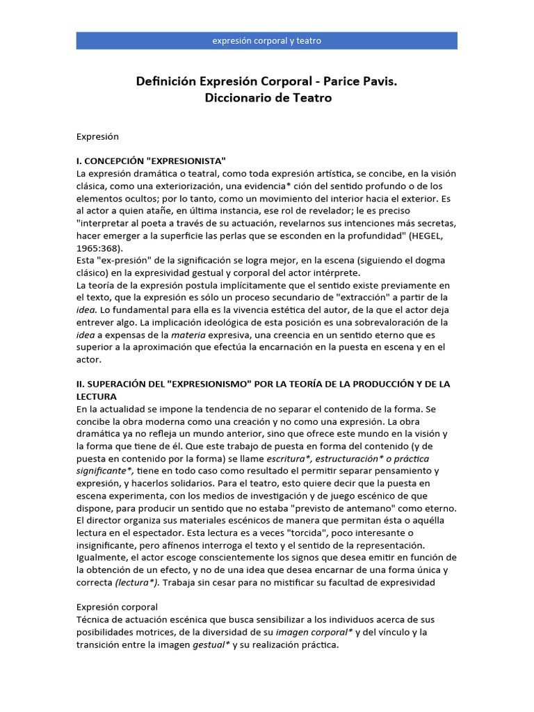 Definición Expresión Corporal Pavis | PDF | Teatro | Expresionismo