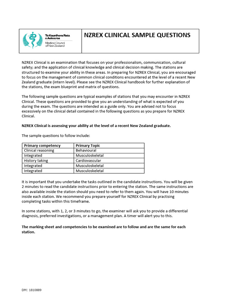 NZREX Clinical Exam Sample Questions | PDF | Physical Examination ...