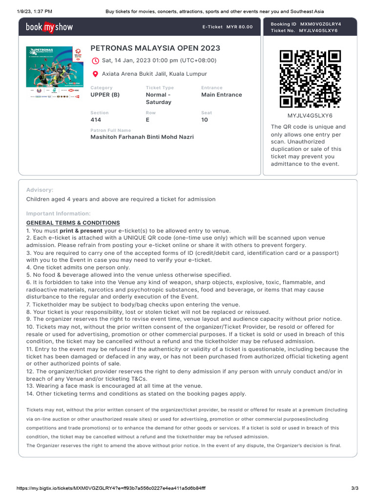 PMO - Sat, 14th - Upper (B) - Sec 414 - Row E - Seat 10 | PDF