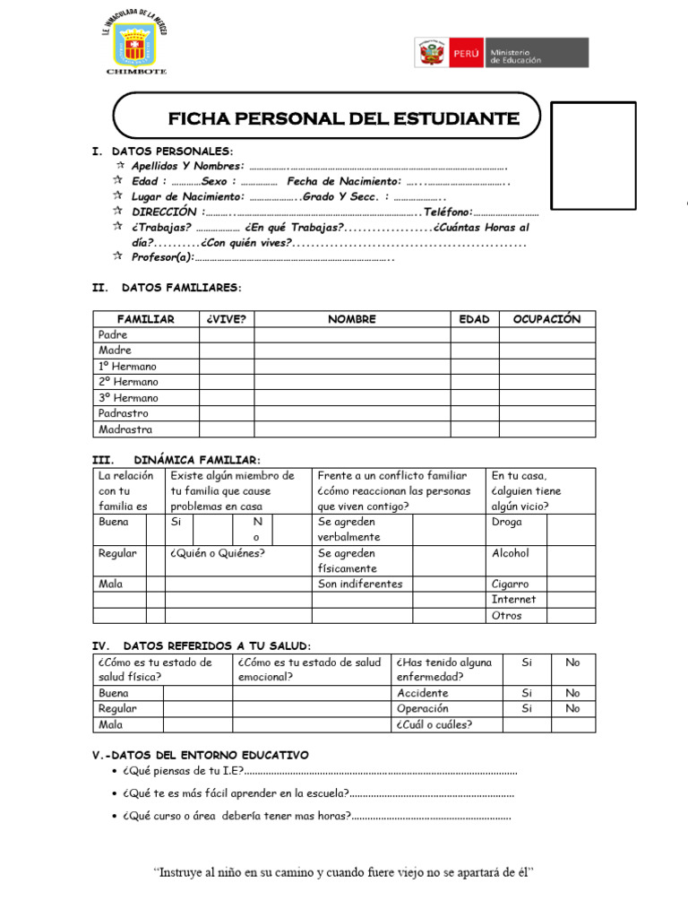 Ficha Personal del Estudiante: Datos Clave | PDF