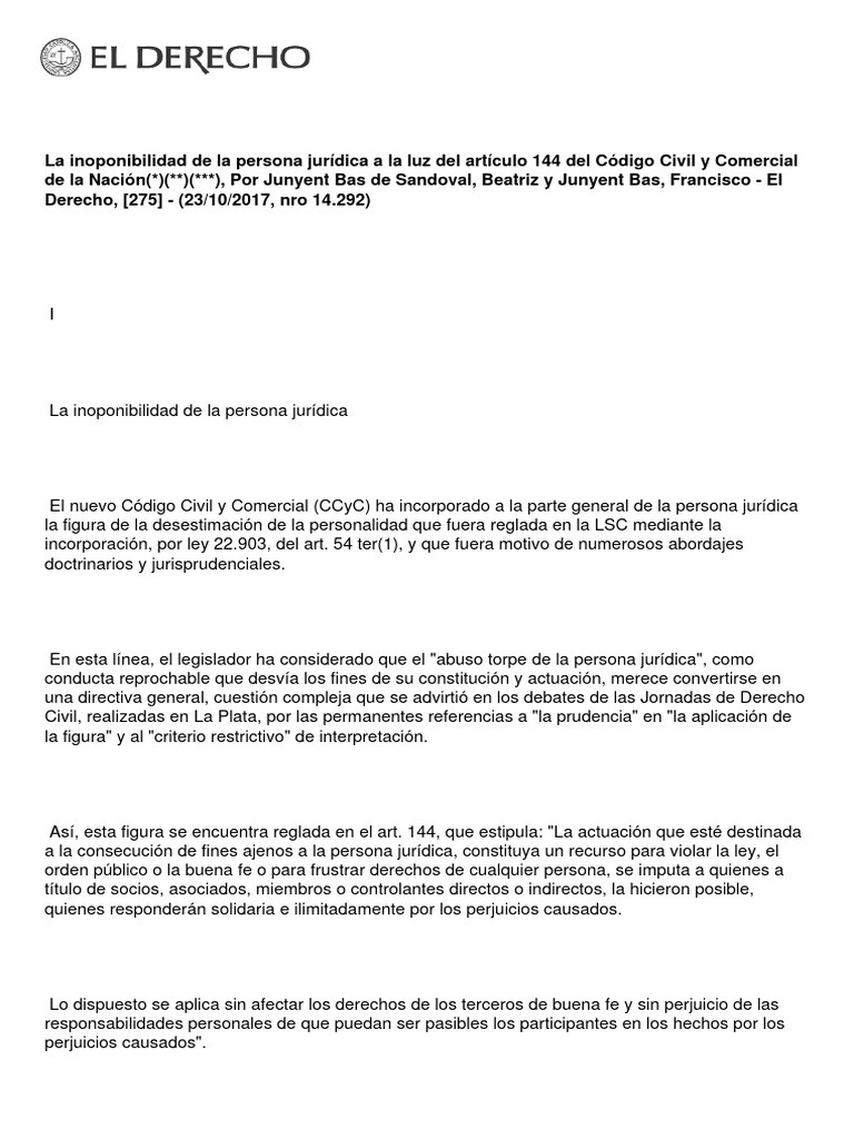 JUNYENT BAS de Sandoval, B. y JUNYENT BAS, F. - La Inoponibilidad de La ...