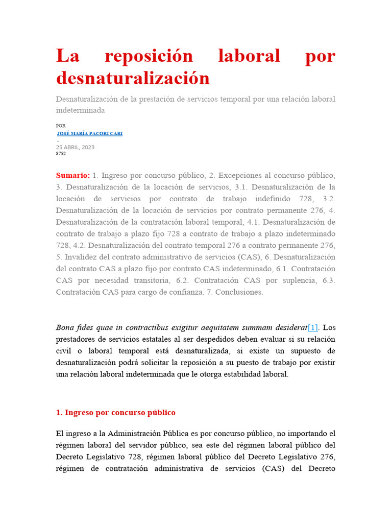 La Reposición Laboral Por Desnaturalización Josè Marìa Pacori | PDF | Derecho laboral | Perú