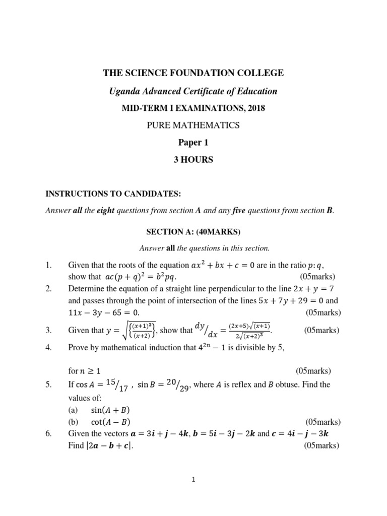 ALEVEL Math Pepr 1 Set 2 | PDF | Equations | Mathematical Physics
