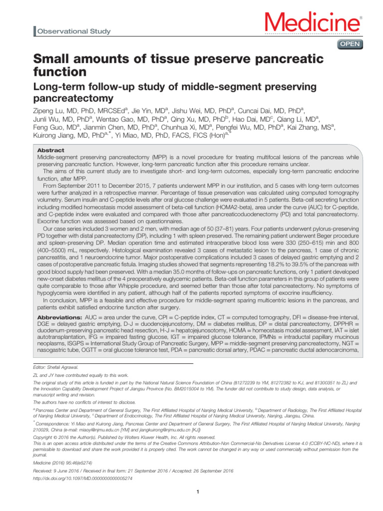 XX - 2016-11 - Small Amounts of Tissue Preserve Pancreatic Function - Long-Term Follow-Up Study ...