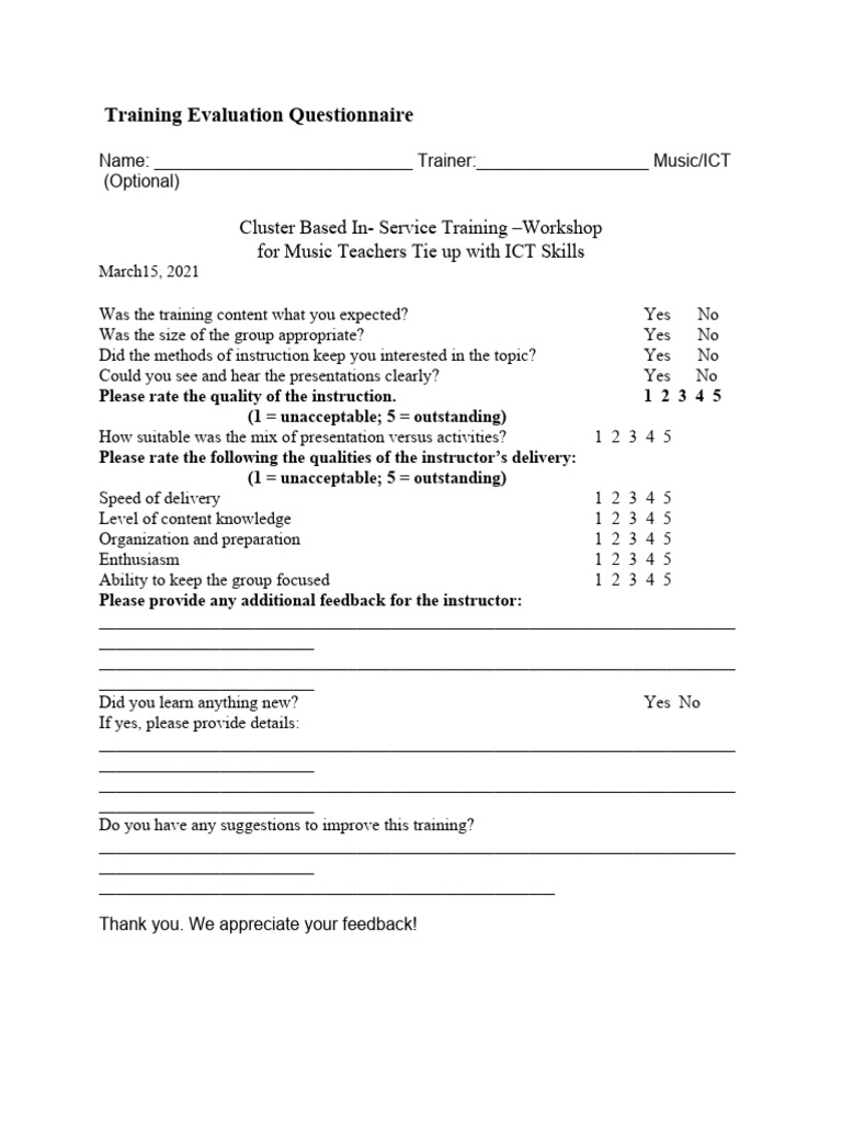 Training Evaluation Questionnaire.. | PDF | Educational Technology ...