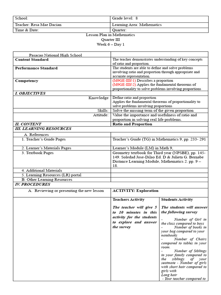 Lesson Plan | PDF | Mathematics | Ratio
