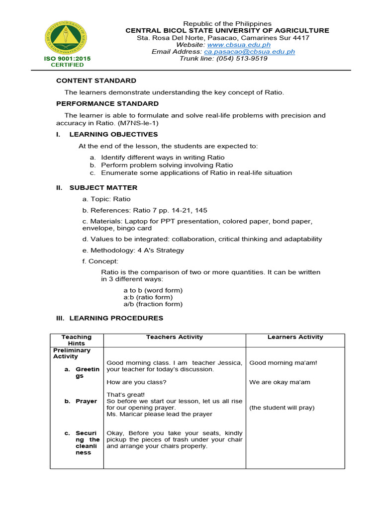 Detailed Lesson Plan in Ratio | PDF | Ratio | Learning